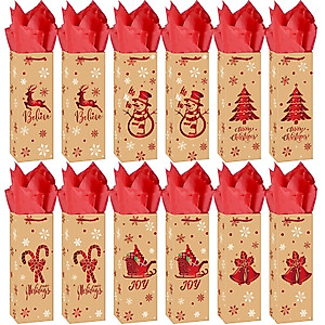 Pasimy 12 Pcs Christmas Wine Bags with Tissue Paper Christmas Red Foil Kraft Paper Wine Gift Bags with Handles Paper Assorted Design Wine Bags Gift Holiday for Bottle Wrapping Birthday Wedding Party