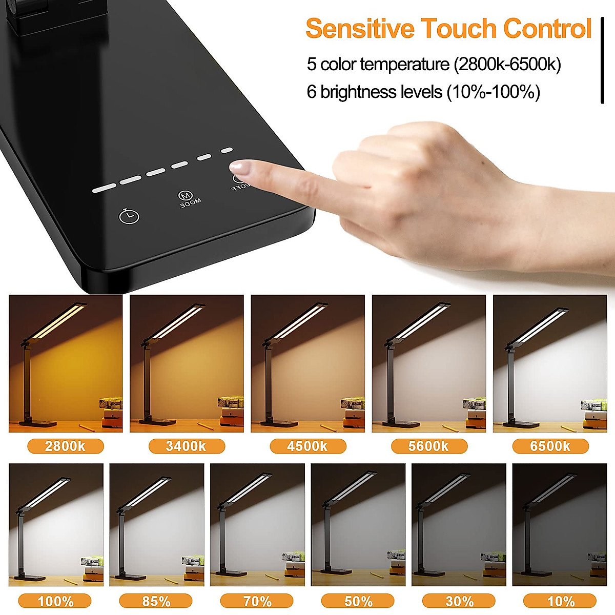 YUNSOVA LED Desk Lamp for Home Office, Double Head Desk Light, 5 Color Modes , 6 Brightness Levels, Touch Control, USB Charging Port, Auto Timer, Eye-Caring dimmable Table Lamp for Reading Study