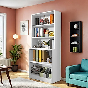 holzart 71" Tall Book Shelf, 5 Tier Large Bookshelf, Standing Wood Display Book Shelf for Living Room, Office, Library with Doors, 31.5" W x 70.87" H x 15.7" D, White