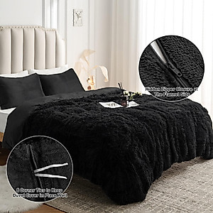 CHOSHOME Plush Shaggy Duvet Cover Twin Size, 3 PCS Fluffy Comforter Fuzzy Flannel Bedding Sets(1 Faux Fur Duvet Cover + 2 Pillowcases), Zipper Closure & 8 Corner Ties, Black