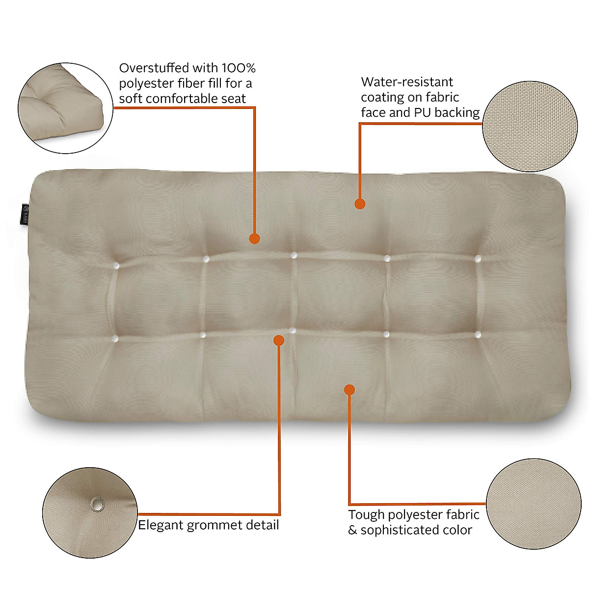 Classic Accessories Water-Resistant Indoor/Outdoor Bench Cushion, 54 x 18 x 5 Inch, Khaki, Patio Bench Cushion