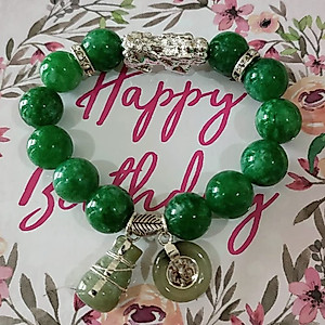 Thai Jade Bracelet Women Good Luck Ring Chain Feng Shui Bracelets Xiu Pi Yao Chinese Dragon Attract Good Luck Wealth Jewelry Adjustable Elastic PNH01456 Green/Silver/Light Green Length 6.00''