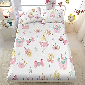 Jameswish Dancing Princess Fitted Sheet Set Twin for Kids Girls Teens Crown Castle Pattern Bed Sheet 2 Piece 3D Print Pink Dreaming Style Sheet Set