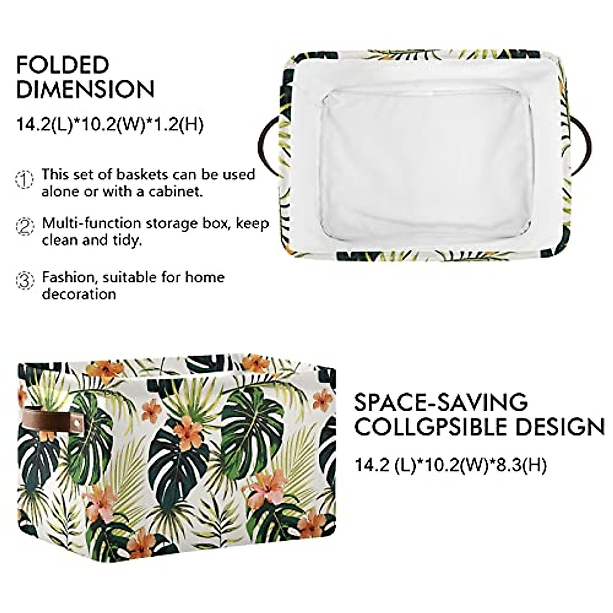 panksolu Tropical Palm Leaf Floral Storage Basket Collapsible Cloth Storage Cube Basket Bins Organizer with Handles Rectangular Large Toys Shelf Closet for Nursery Bedroom Home Office
