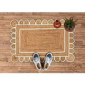 Scalloped Jute Rug 5x7- Natural Boho Bath Mat 2x3- Jute Runner Rug for Kitchen 2.6x6 ft- Seagrass Jute Rug 8x10 for Living Room Area- 3x5 Farmhouse Rugs Indoor/Outdoor (2'x3' Ft, White)