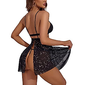 Avidlove Plus Size Lingerie Lace Teddy Babydoll V Neck Lace Nighty Sleepwear Flocking Nightdress Black Star XXL