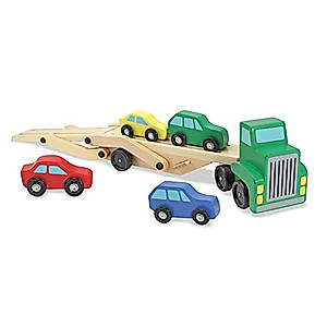 Melissa &amp; Doug Car Carrier Truck and Cars Wooden Toy Set With 1 Truck and 4 Cars - Wooden Cars, Vehicle Toys, Push And Go Wooden Trucks For Toddlers And Kids Ages 3+