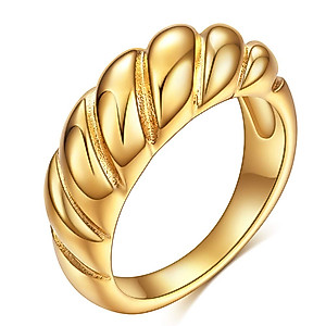 JILIYUPA 14K Gold Plated Croissant Dome Ring Twisted Braided Gold Plated Ring | Chunky Signet Ring, Signet Chunky Dome Ring Stacking Band for Women (Gold, 8)