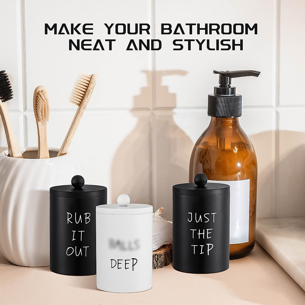 6 Pcs Apothecary Jars with Lids Wooden Qtip Holder Cotton Ball Holder Rustic Cotton Swab Holder Wood Bathroom Canisters Farmhouse Qtip Dispenser for Bathroom Accessories Decor Storage Organization