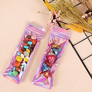 HRX Package 100pcs Pink Holographic Bags Packaging 2.4x7 inch, Resealable Bags Foil Ziplock Pouch Smell Proof Baggies for Lip Gloss, Eyeliner Pens, Jewelry, Candy