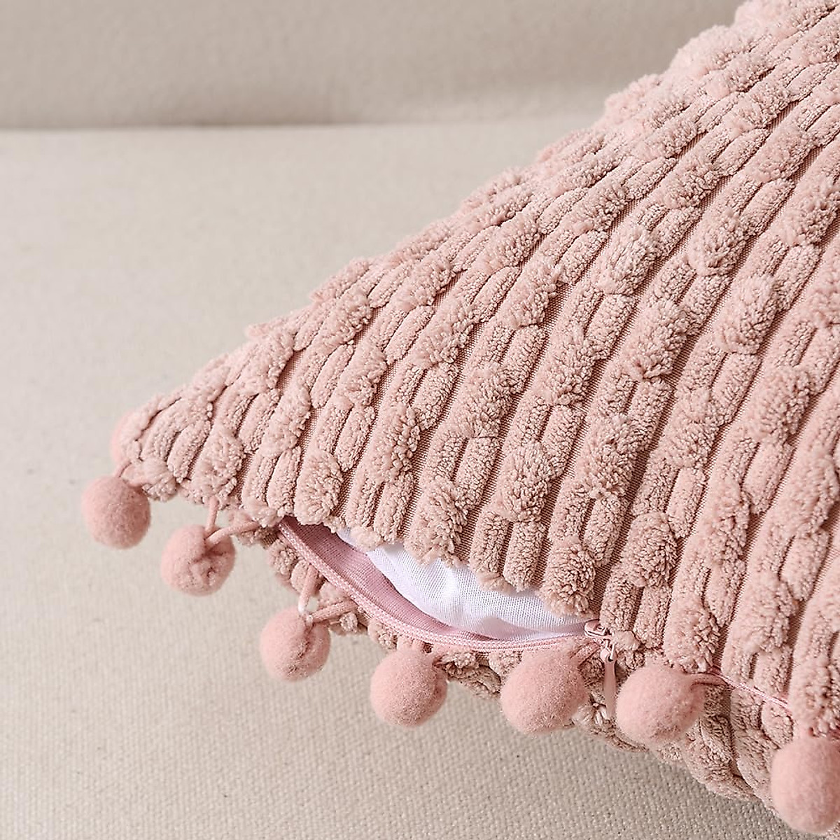 Fancy Homi 2 Packs Dusty Pink Decorative Throw Pillow Covers 18x18 Inch with Pom-poms for Couch Bedroom Living Room, Farmhouse Boho Home Decor, Soft Cute Plush Corduroy Blush Cushion Case 45x45 cm