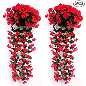 Takefuns 2Pcs Artificial Violet Flower Hanging Vine Garland, Wall Wisteria Basket, Simulation Rattan Plant for Outdoor Balcony Garden Party Wedding Decorations (Red)