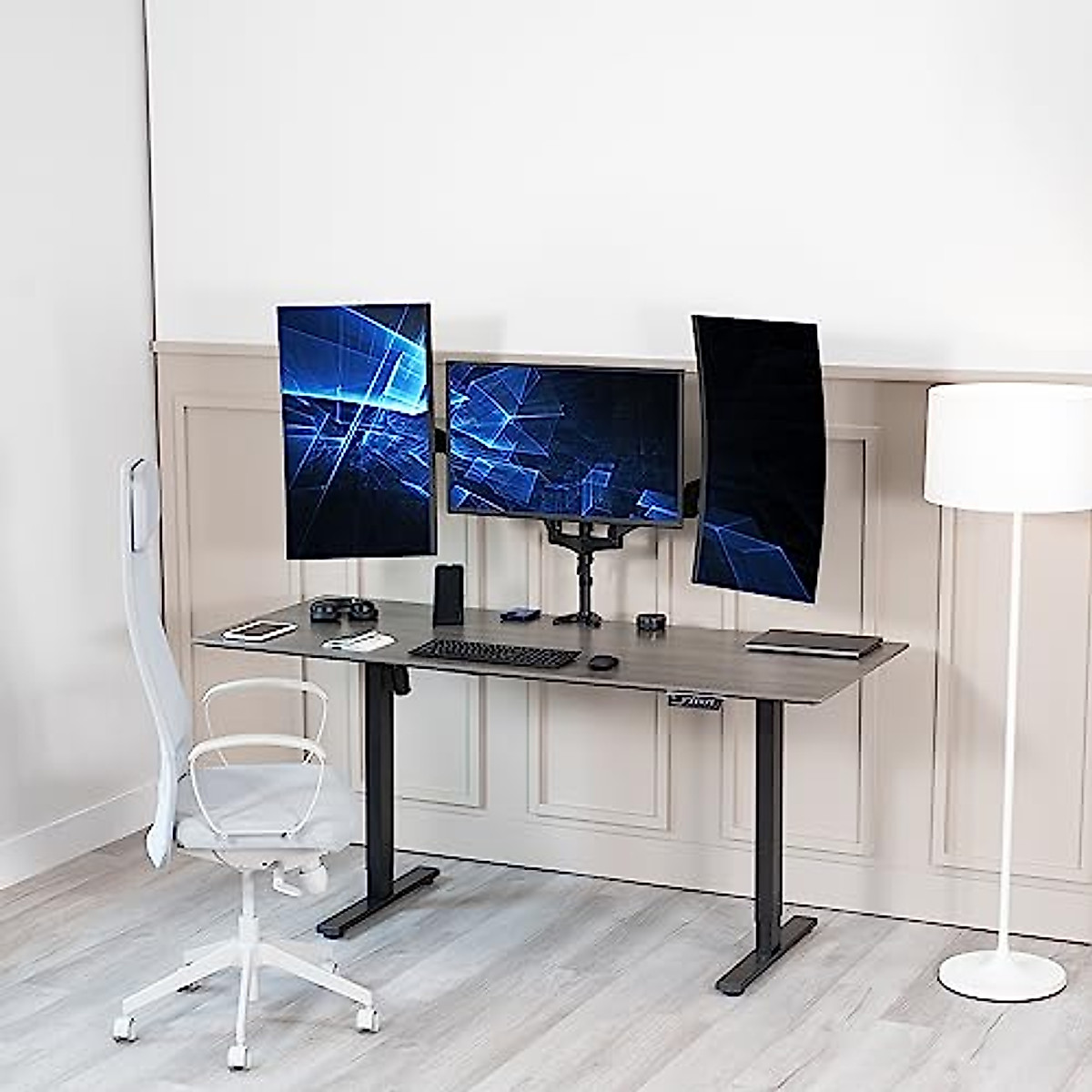 VIVO Triple Monitor Height Adjustable Desk Mount, 2 Pneumatic Arms, 1 Fixed, Counterbalance Stand, 17.6 lbs Weight Capacity per Screen, Max VESA 100x100, Fits up to 32 inch Screens, Black, STAND-V300G