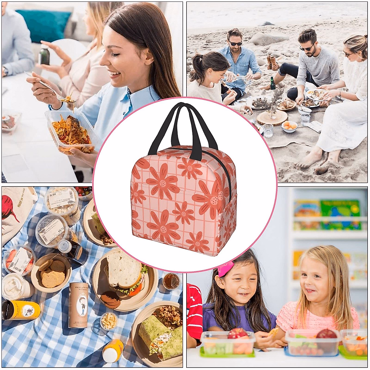 Pink Floral Lunch Box Reusable Lunch Bag for Travel Picnic Shopping work Food Container for Women Men Adults