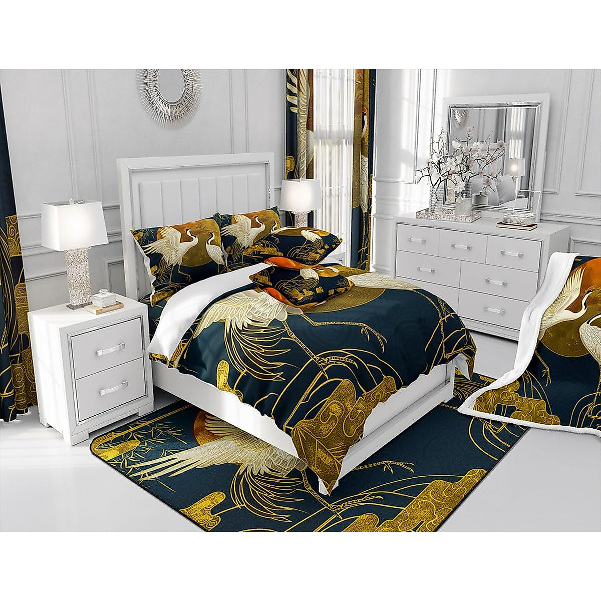 Japanese Crane Duvet Cover Set Queen Size,Gold Sun Cloud Stripes Bedding Set 3Pcs,Retro Ukiyoe Leaf Print Comforter Cover for Adult Women Men Room Decor,Wild Animals Quilt Cover,2 Pillowcases