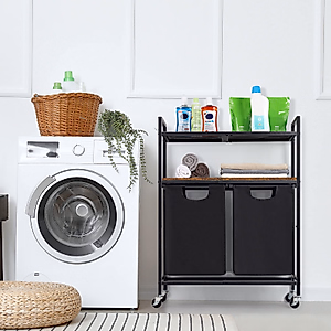 Double Laundry Hamper, Laundry Sorter 2 Section with Shelf Laundry Basket Organizer with Wheels Dirty Clothes Hampers with 2 Pull-Out and Removable Bags Clothes Hampers for Laundry Room, Rustic Brown