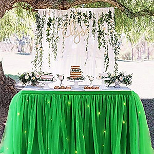OakHaomie 10ft Table Skirt Tulle Tutu Table Cloth with 15pcs String Lights for Rectangle or Round Table for Party,Wedding,Birthday Party&Home Decoration,Table Skirting (Green, 10ftX2.63ft)