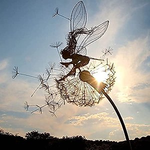KINHA Fairy Dandelion Sculptures Fairy Dandelion Sculptures Garden Stakes Dramatic Fairy Sculptures Dancing with Dandelions,Wind Catcher for Home Garden Patio Yard Decoration with Standing Pole