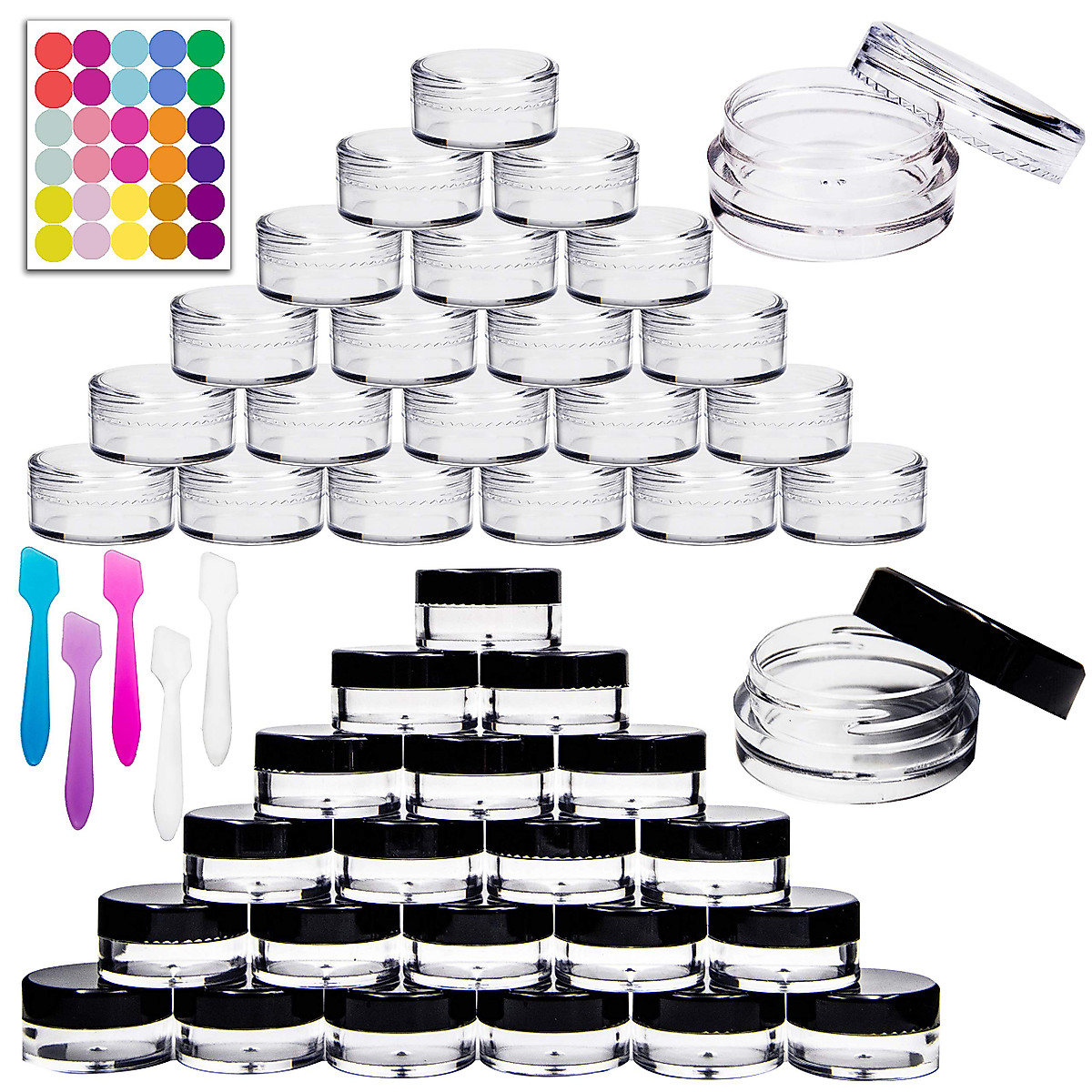 Youngever 140 Pcs Empty Plastic Cosmetic Samples Containers, Plastic Jars With Lids, 5 Mini Spatulas (3 Gram)
