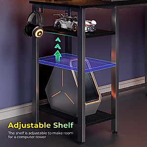 Rolanstar L Shaped Gaming Desk with LED Lights & Power Outlets, 46.2" Computer Desk with Full Monitor Stand & Storage Shelf, Corner Desk with Hooks, Black Desk Reversible