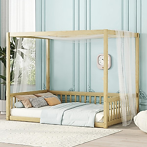 Full Size Canopy Bed Frame with Guardrails for Kids,Floor Bed Full with Four Poster Design,Kids Montessori Floor Bed,Wood Canopy Bed Frame for Girls,Boys(Full,Natural)