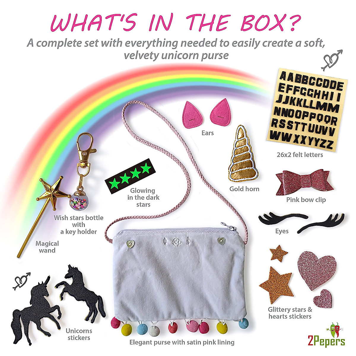 2Pepers Make Your Own Unicorn Purse Kit, Arts and Crafts for Kids, DIY Unicorns Gifts for Girls Ages 3 4 5 6 7 8 Years and Up (No Sewing Needed), Magical Unicorn Toy Bag, Creative Girl's Project.