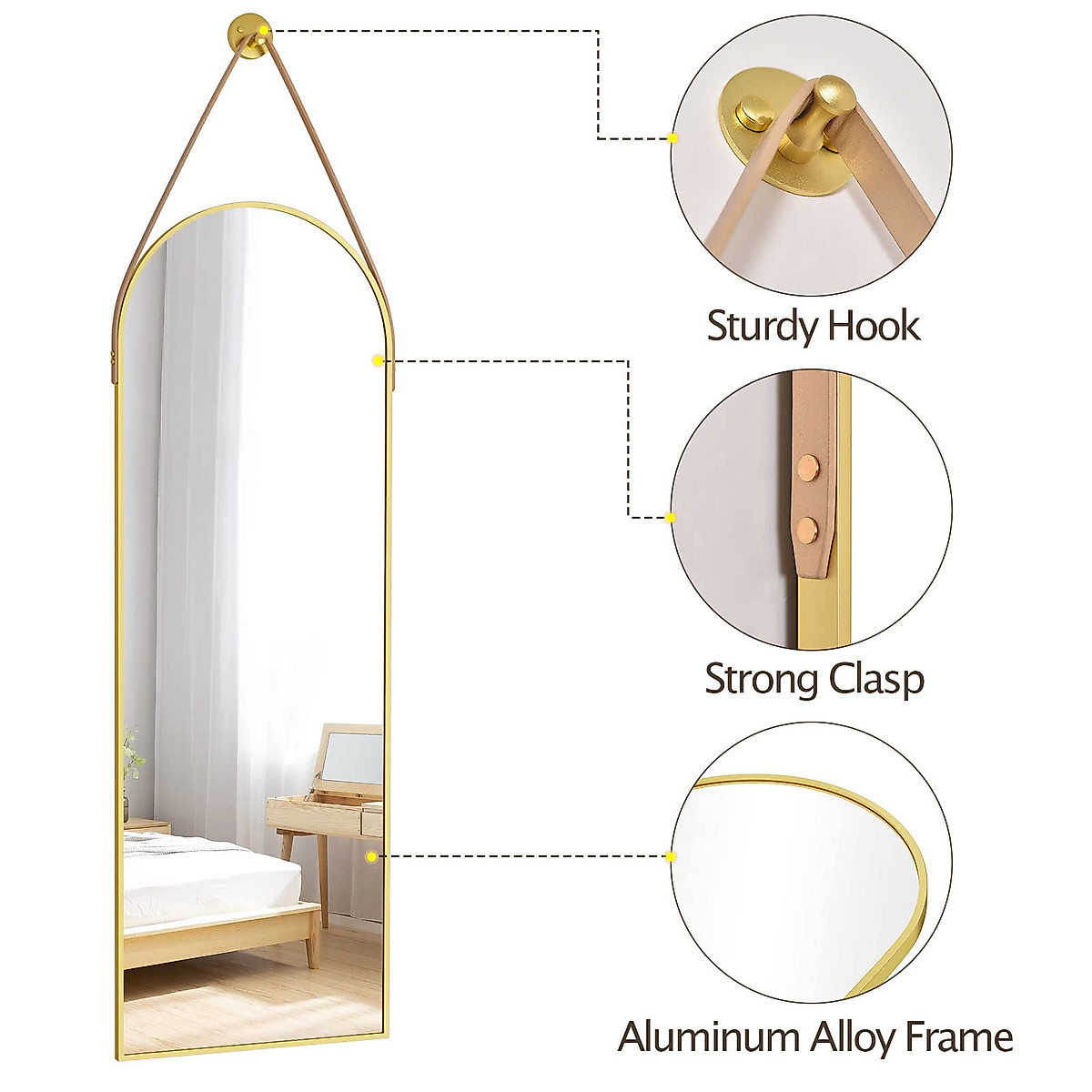 HARRITPURE 16"x48"Arched Mirror with Hanging Leather Strap Full Length Mirror Aluminum Frame Wall-Mounted Arch Mirror Hanging Mirrors for Bathroom Vanity Living Room Bedroom Entryway, Gold