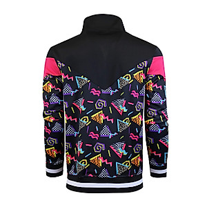 SCREENSHOT-F11904 Mens Urban Hip Hop Premium Track Jacket - Slim Fit 80's Retro Pattern Print Streetwear Fashion Top-Black/Pop-Large