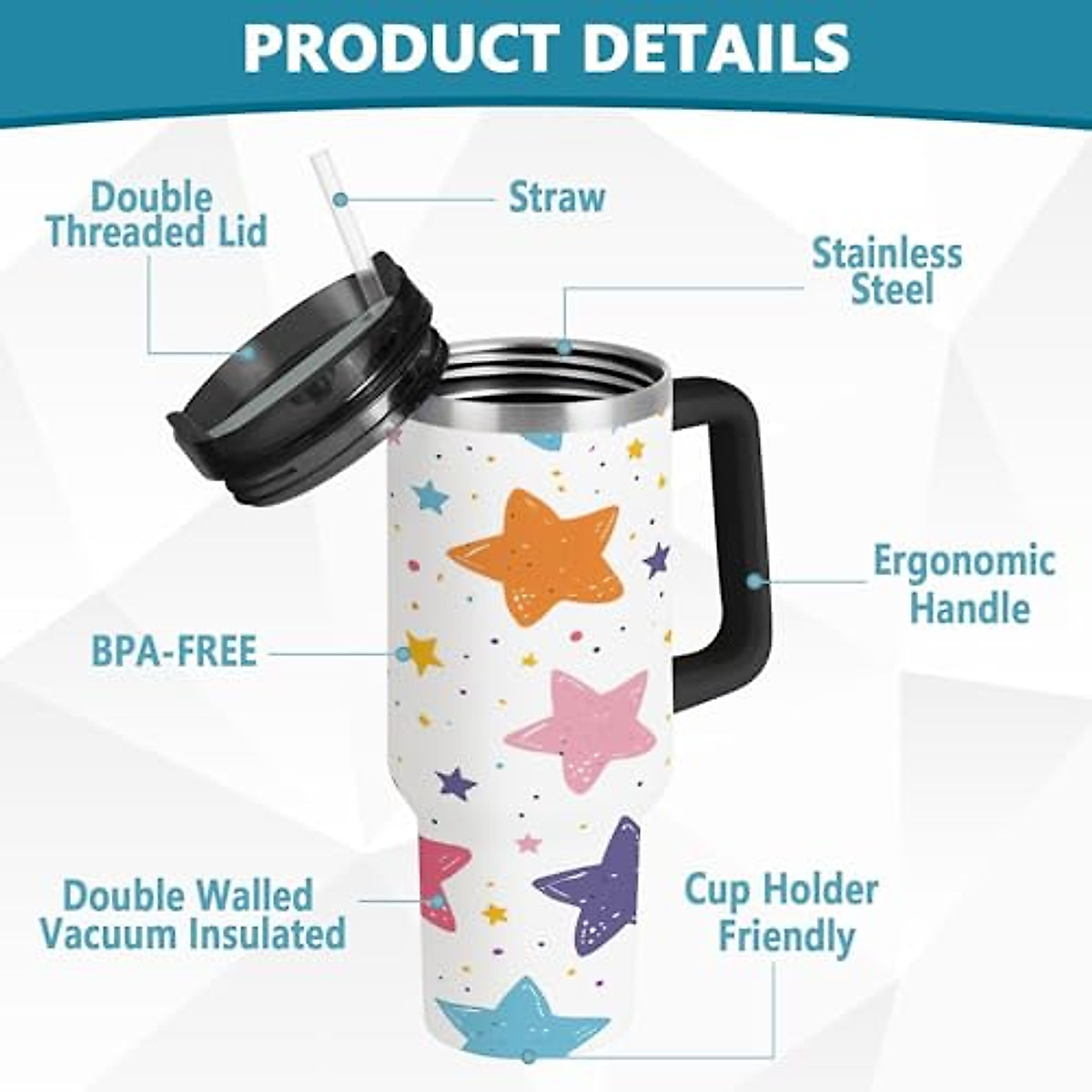 FRCSDIY Cartoon Stars Insulated Tumbler with Handle and Straw Lid,40oz Leakproof Stainless Steel Cup BPA-Free Water Bottle