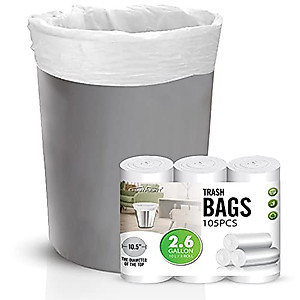 Charmount Small Trash Bags - Bathroom Trash Bags- Garbage Bags for Kitchen, Office, Bedroom, 2.6 Gallon Trash Can Liners, Unscented,105 Counts (White)