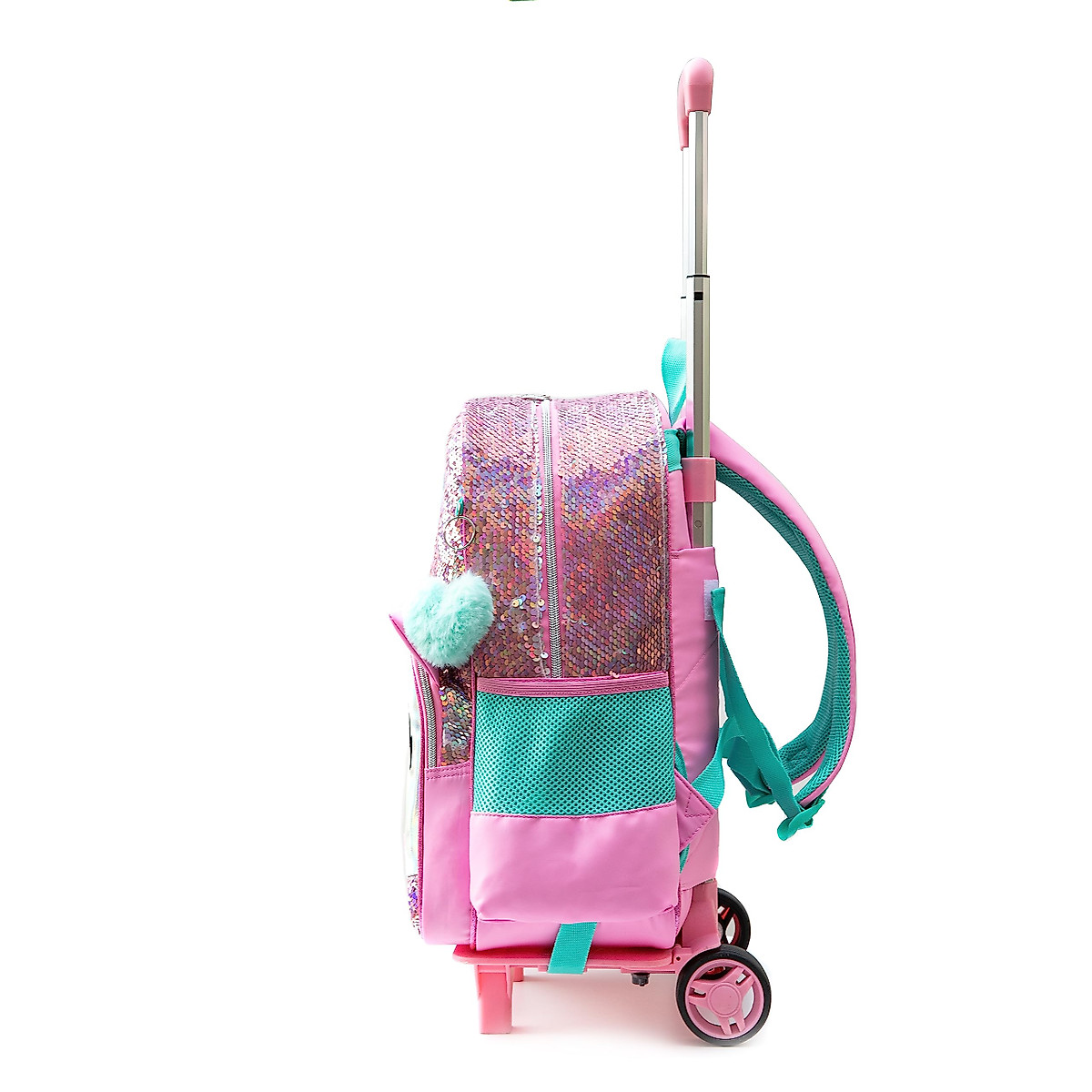 Backpack with Wheels for Girls Cute Rolling Pink Cat School Backpack Kids Sequin Roller Luggage Suitcase for Elementary Kindergarten Students with Lunch Box Pencil Case for Girls 5-12 Years Old