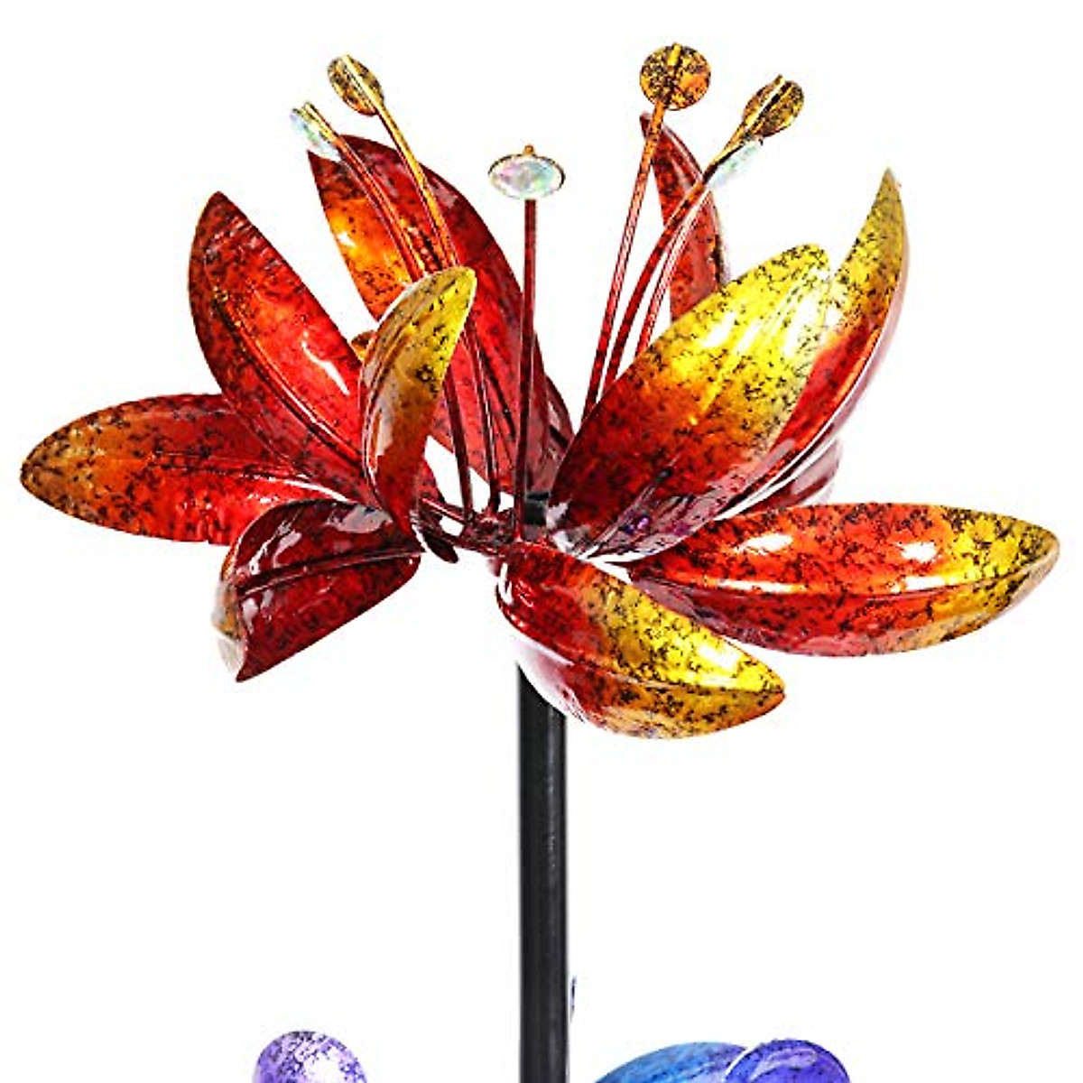 Exhart Wind Spinner, Lotus Flower Garden Stake with 4 Flowers, Wind Powered Metal Outdoor Garden Decor and Yard Art, 17 x 72 Inch