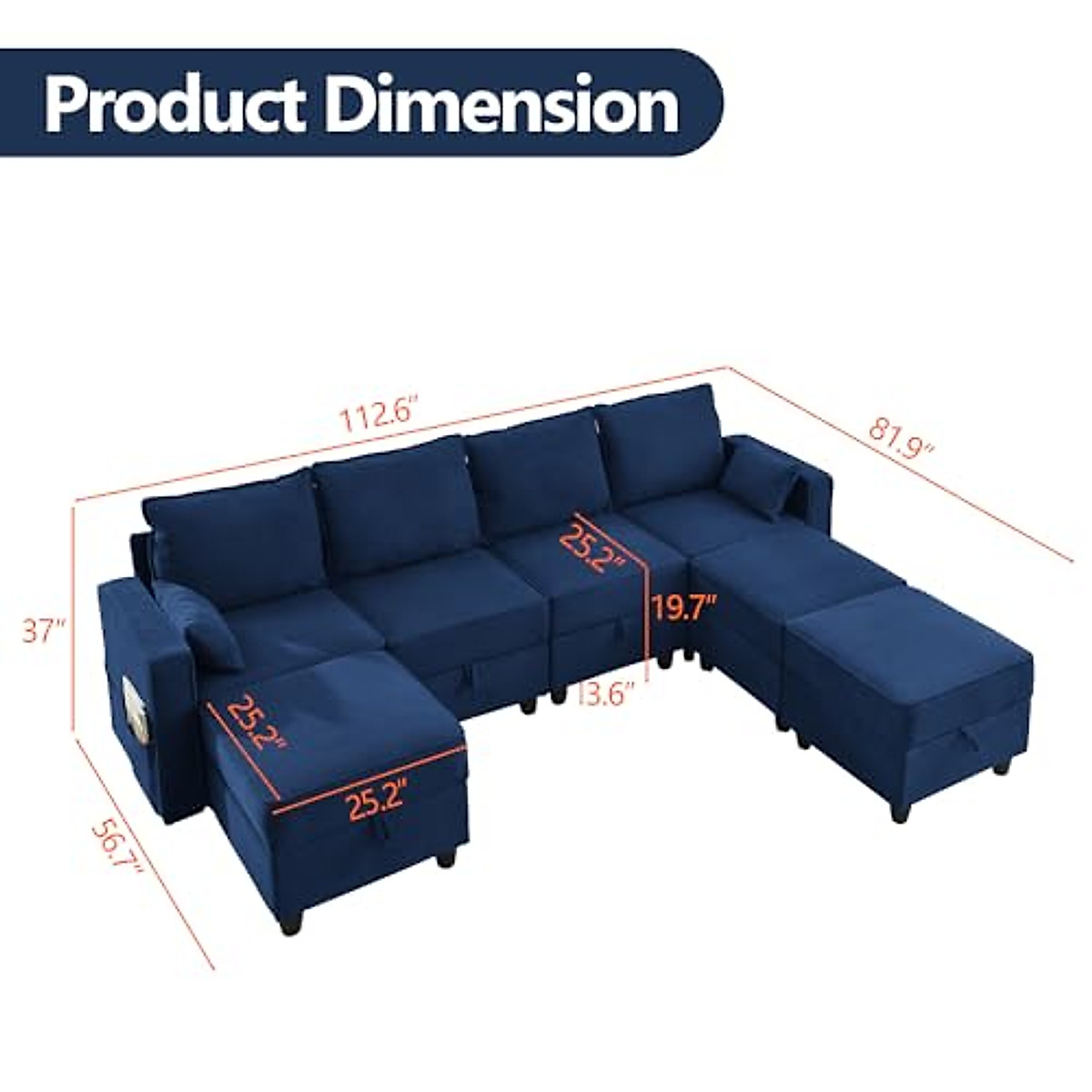 TOQIJUN Modular Sectional Sofa with Ottomans Velvet,U Shaped Sleeper Sofa with Storage, Sofa Covers Removable, 7 Seat Couch with Ottoman for Living Room,Navy Blue