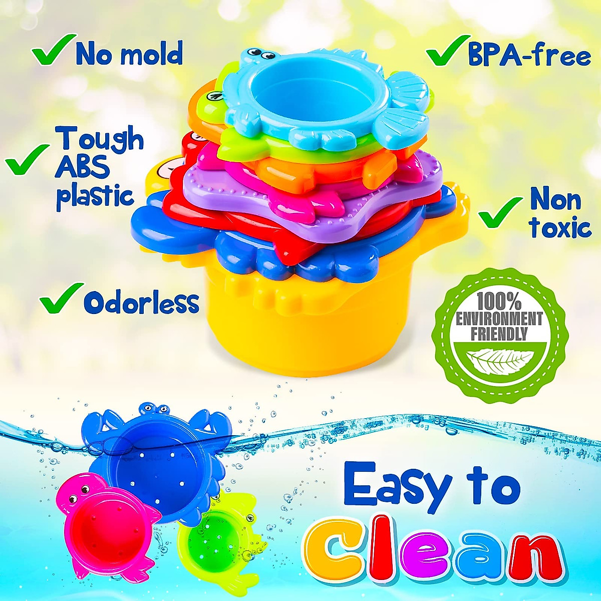 Stacking Cups Bath Toys for Toddlers, Rainbow Bath Cups for Baby 1-3 Years Old, Safe Infant Nesting Cups with Rubber Duckie for Fun Bath Time, Birthday Stocking Stuffers Early Learning Educational Toy