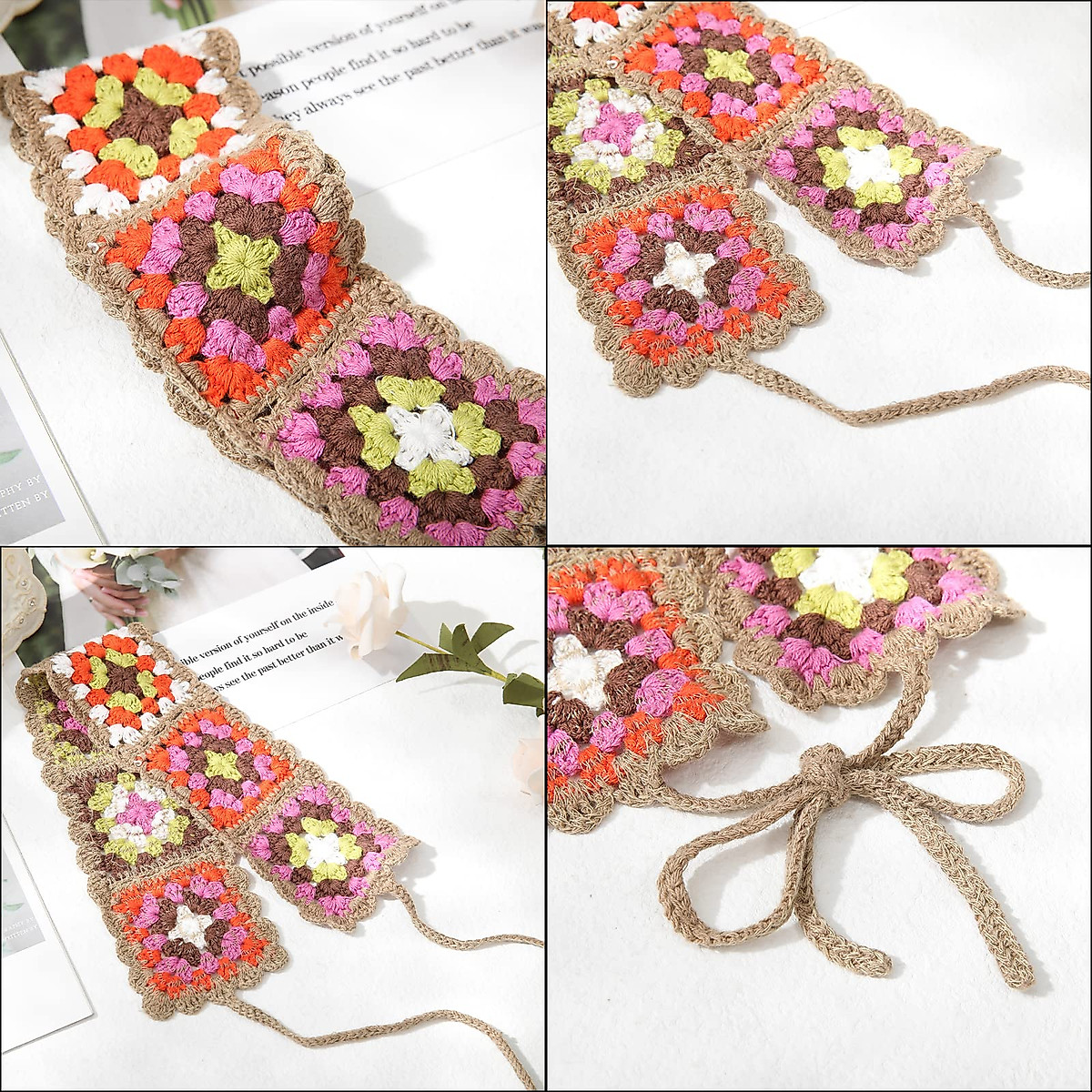 CHLINS Hairband, 3PCS Crochet Headband Women Floral Hairband - Elastic Handmade Crochet Head Wrap Bohemian knit Headband for Women and Girls (Square, Black + Beige + Khaki)