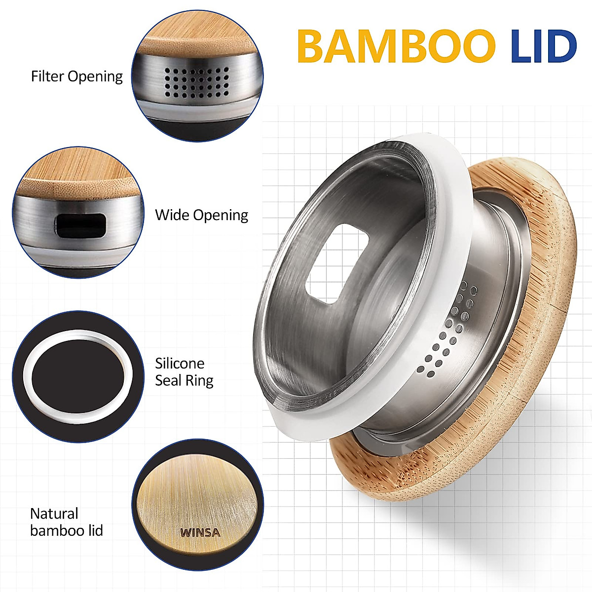 WINSA Glass Pitcher with Lid and Spout, 64oz Water Pitcher with Wide Handle, Silicone Sleeve & Bamboo Lid, Tea Pitcher for Fridge Water, Milk, Juice(Navy)