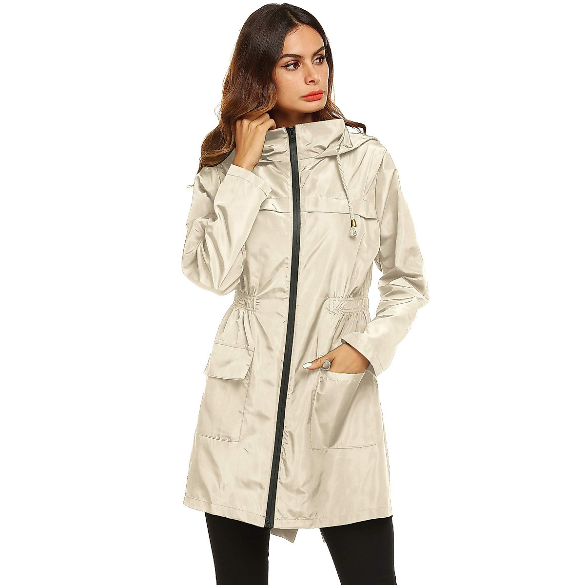 LOMON Womens Lightweight Raincoat Hooded Waterproof Active Outdoor Quick Dry Rain Jacket Beige M