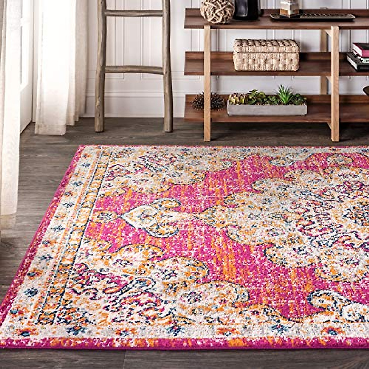 JONATHAN Y BMF104A-8 Bohemian Flair Boho Vintage Medallion Pink/Cream 8 ft. x 10 ft. Area-Rug, Vintage, Easy-Cleaning, for Bedroom, Kitchen, Living Room, Non Shedding