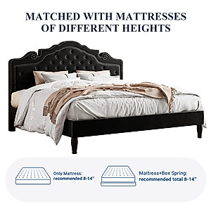 Allewie King Bed Frame with Adjustable Velvet Tiara Headboard, Upholstered Diamond Button Tufted Platform Bed, Wood Slats Support, No Box Spring Needed, Mattress Foundation, Easy Assembly, Black