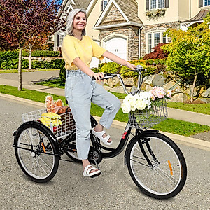 PEXMOR Adult Tricycle 7 Speed, 24/26 Inch 3 Wheel Bikes Tricycle for Adults, Adult Trike for Women/Men/Seniors, Three Wheel Cruiser Bike w/Folding Front & Rear Basket for Shopping/Recreation/Picnic