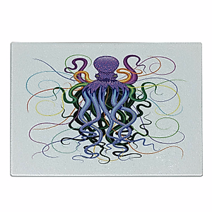 Lunarable Octopus Cutting Board, Chaotic Nautical Underwater Creatures Aquatic Animal Tentacles Rainbow Pigments, Decorative Tempered Glass Cutting and Serving Board, Small Size, Multicolor