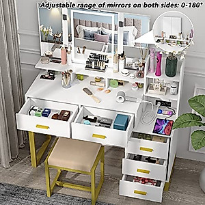 PAKASEPT Vanity Set with Tri-fold Makeup Mirror, Large Desk 3-Color Adjustable Touch Light, Charging Station, 5 Drawers, Storage Shelves&Cushioned Stool Women Girls, White, 45.59''Lx15.74''Wx54.13''H