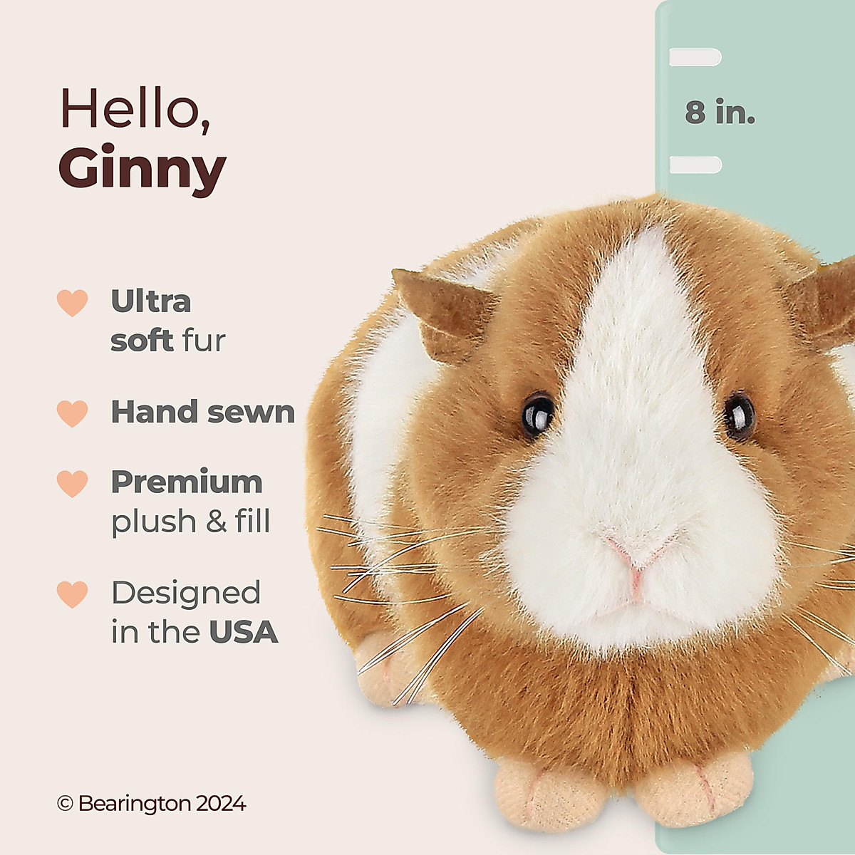 Bearington Ginny Plush Guinea Pig Stuffed Animal, 8 inch