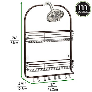 mDesign Extra Wide Hanging Shower Caddy Storage Organizer, Metal Wire Bathroom Organization Center with Built-In Hooks and Baskets on 2 Levels for Shampoo, Body Wash, Loofahs - Bronze