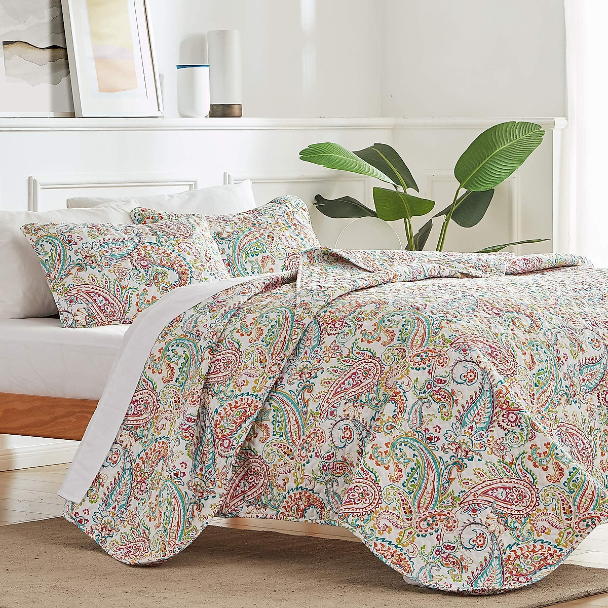 SLEEP ZONE 3-Piece Printed Quilt Set - Full/Queen Size - Lightweight Reversible Bedding Coverlet Set for All Season (Classic Paisley Pattern), Full/Queen (90x96 inch | 2 Pillow Shams)