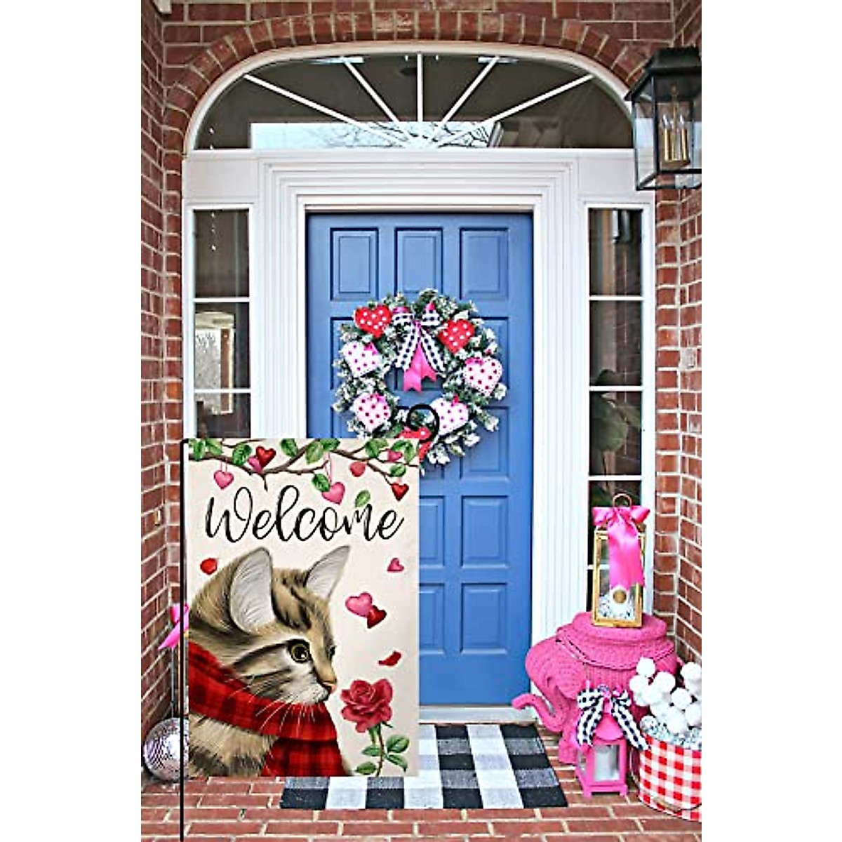 Valentines Cat Garden Flag 12x18 Vertical Double Sided Welcome Red Pink Love Heart Floral Farmhouse Spring Holiday Outside Decorations Burlap Yard Flag BW238