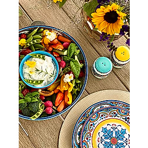 Euro Ceramica Zanzibar Double Bowl 16-Piece Dinnerware Set | Fine Kitchenware | Floral Multicolor Design Stoneware Tableware Service For 4