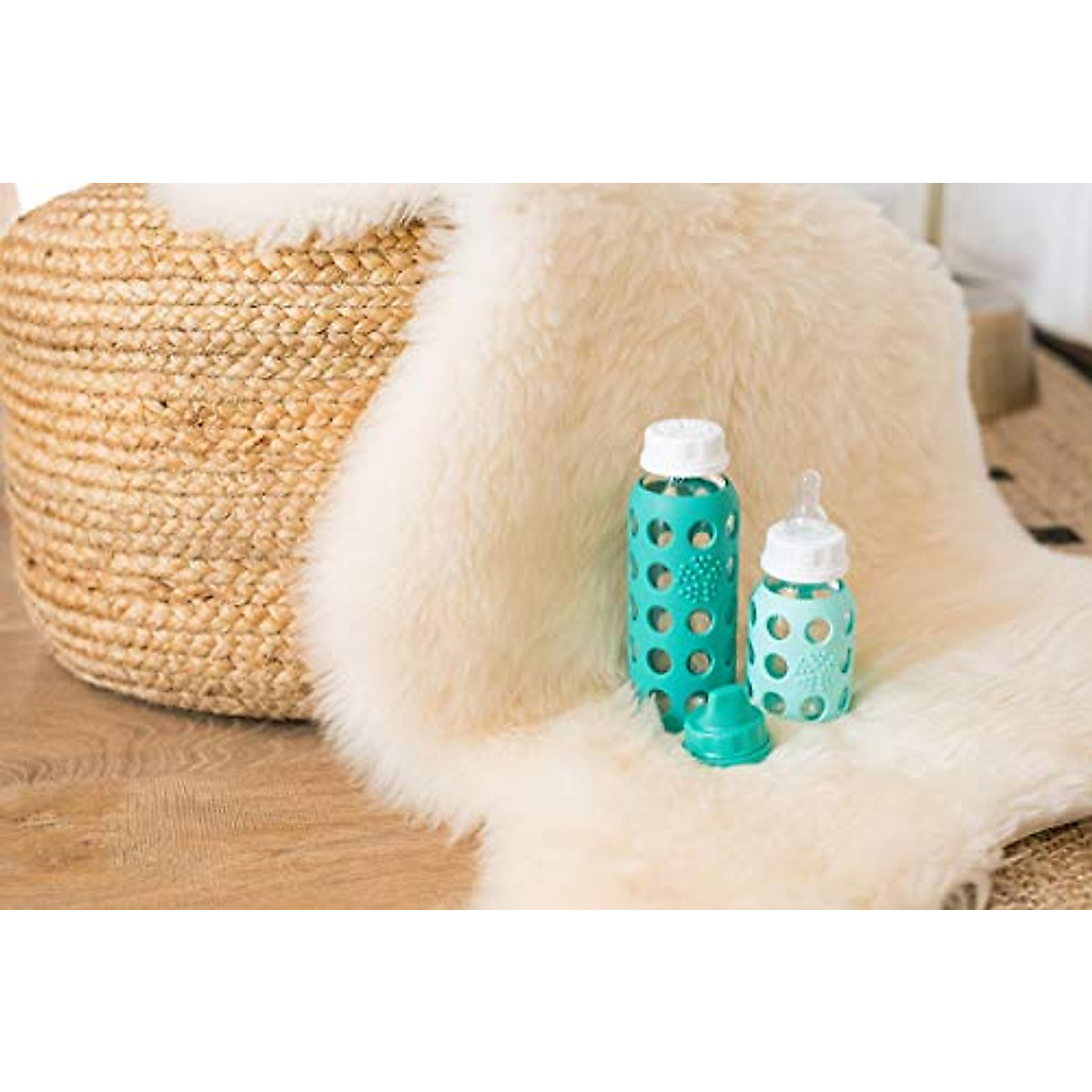 Lifefactory 4 Starter Baby Bottle Set in Mint/Blanket & in Kale/Blueberry Flat & Sippy Caps Stage 2 Nipples 10 Count
