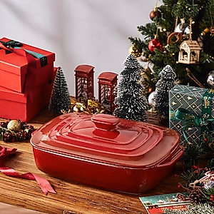 Lareina Large Ceramic Casserole Dish with Lid, 4.0 Quart Covered Rectangular Stoneware Baking Dishes for Oven, Deep 9x13 Inch Lasagna Pans for Baking and Serving, Perfect for Christmas gifts, Red