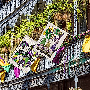 Happy Mardi Gras Garden Flag, 12x18 inch Set of 2 Double Sided Masquerade Beads Yard Flag, Mardi Gras Gnomes Yard Flag for Farmhouse Holiday Carnival Celebration Outside Decor